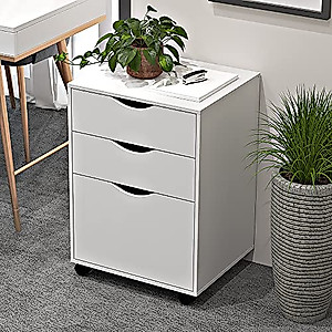 WOODWORTH 3 Drawers Storage Cabinet, Wooden Mobile Filing Cabinet for Mini Printer Stand, with Lockable Casters, for Home Office (3-Drawers, White)
