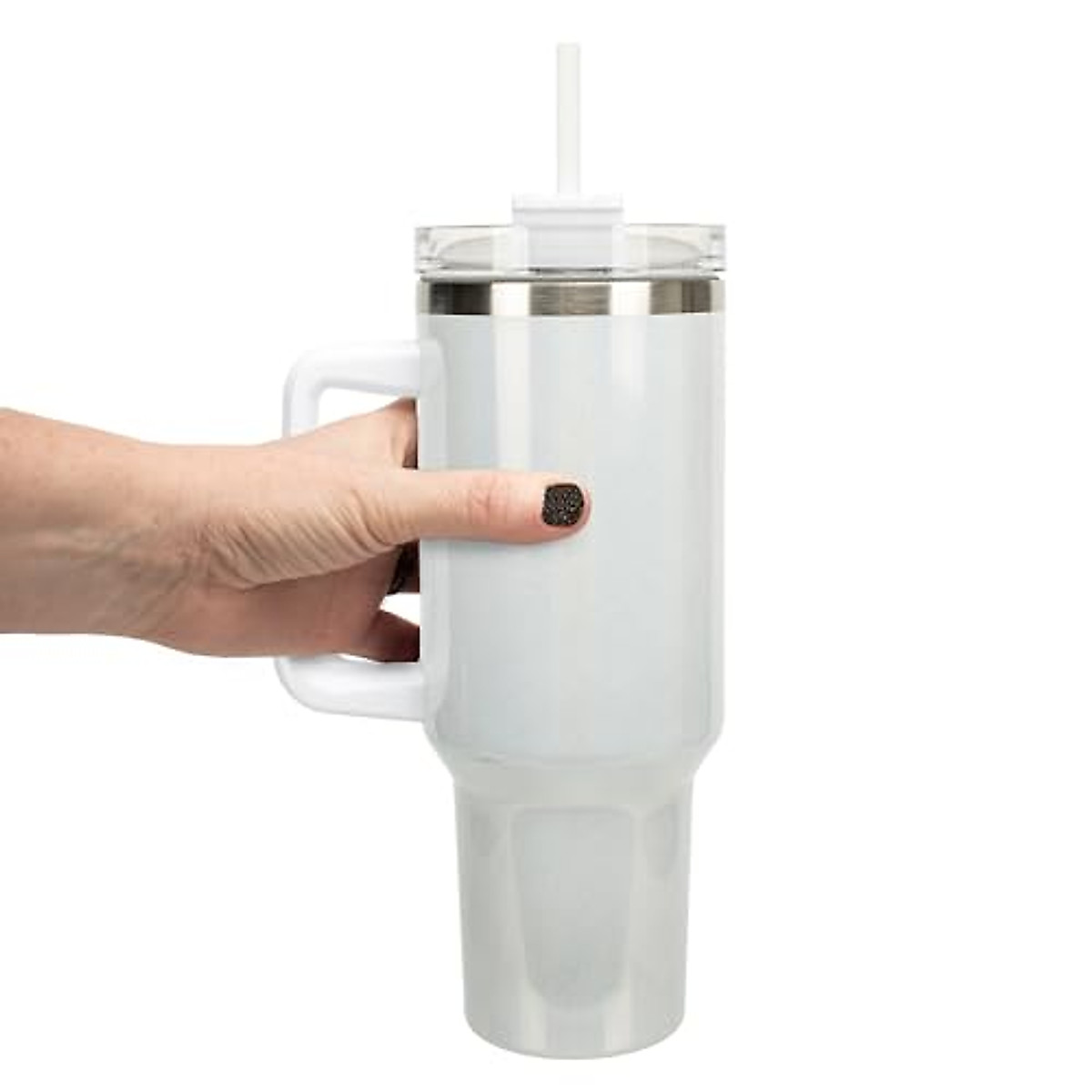 Elanze Designs Giraffe Growing Wildflower Animal Floral Motif 40 Oz. Stainless Steel Water Bottle Coffee Mug, Spill & Leak Resistant, Travel Tumbler with Handle, Lid & Straw, White Shimmer