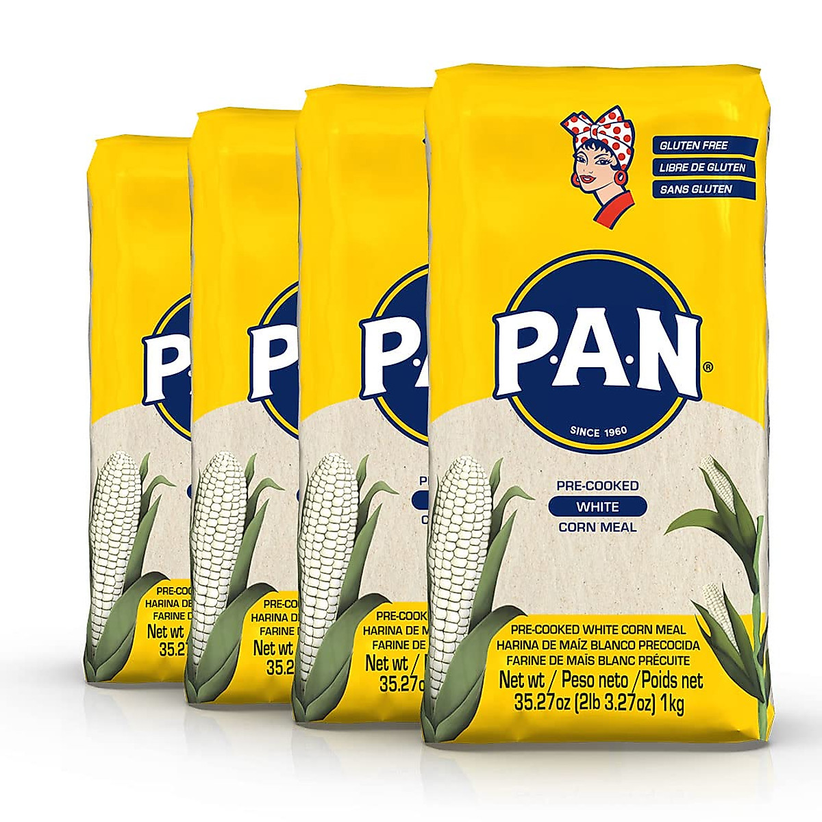 P.A.N. White Corn Meal – Pre-cooked Gluten Free and Kosher Flour for Arepas (2.2 lb/Pack of 4)