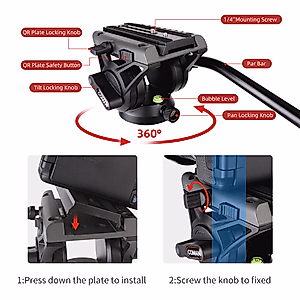 Fluid Head Tripod, COMAN Video Camera Tripod Monopod Aluminium Alloy 70.8 inch for Canon Nikon Sony DSLR Camera Black