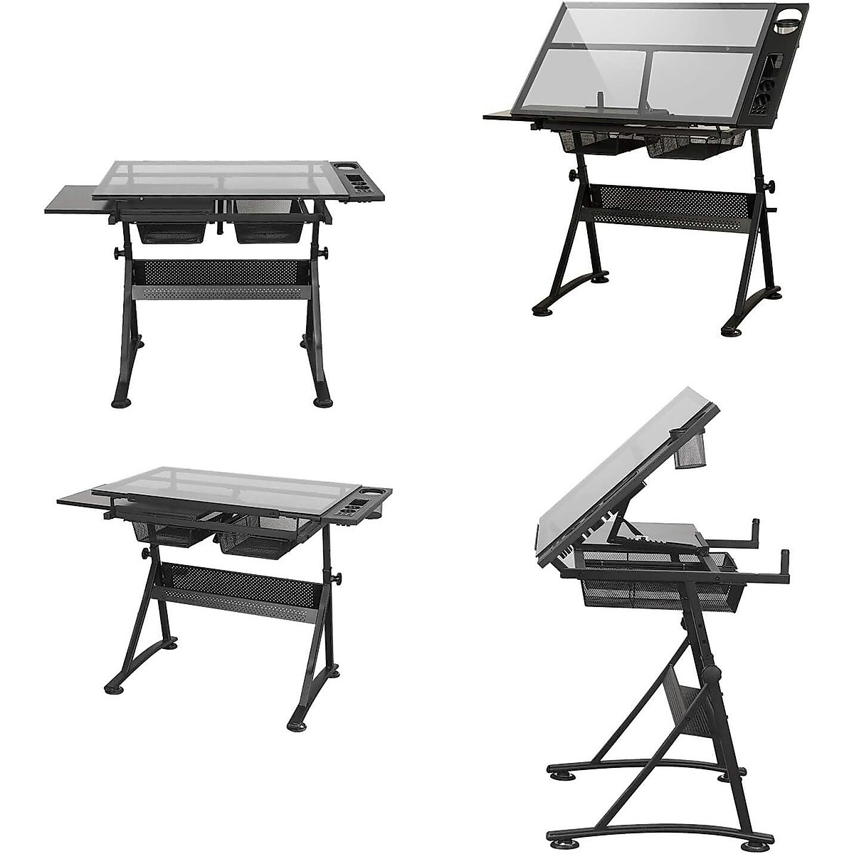 XiVue Drafting Table with Storage, Height Adjustable Tiltable Art Desk, Glass Panel Drawing Desk, for Work Study Painting Craft Table