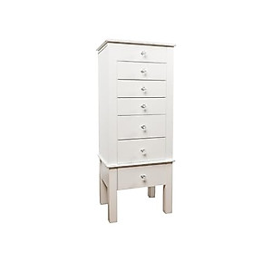 Alveare Home Helena Standing Jewelry Armoire – Elegant Storage with 6 Drawers, Jewel Knobs, Mirror, Ring Rolls, Necklace Hooks & Cord Management – White Finish