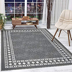 Antep Rugs Alfombras Modern Bordered 5x7 Non-Skid (Non-Slip) Low Profile Pile Rubber Backing Indoor Area Rugs (Gray, 5' x 7')