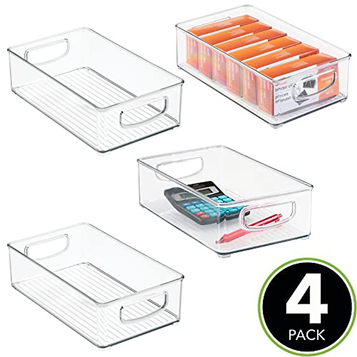 mDesign Small Plastic Office Storage Container Bins w/Handles for Organization in Filing Cabinet, Closet Shelf, Desk Drawers, Organizer for Notes, Pens, Pencils - Ligne Collection, 4 Pack - Clear