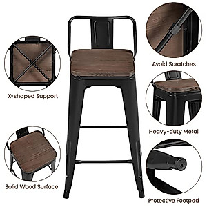 Yaheetech 26 inch Low Back Metal Bar Stools Set of 4 Counter Height Barstools with Wooden Seat Industrial Counter Stool Bar Chairs for Home Kitchen Black