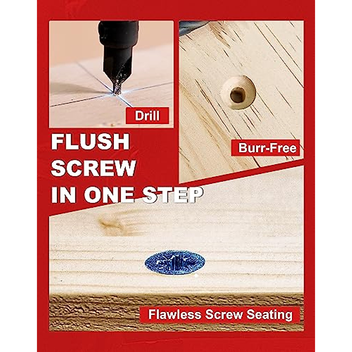 EZARC Wood Countersink Drill Bit Set, 4, 6, 8, 10 Tapered Drill Bits, with 1/4" Hex Shank, Counter Sinker Set for Woodworking and Carpentry