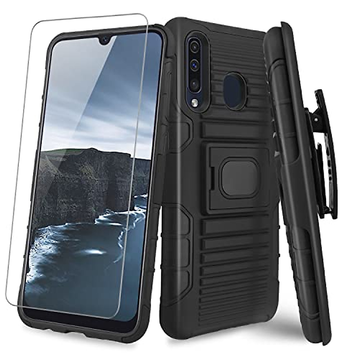 TJS Phone Case Compatible with Samsung Galaxy A50/Galaxy A30/Galaxy A20, [Tempered Glass Screen Protector] Belt Clip Holster Magnetic Support Hybrid Kickstand Heavy Duty Cover (Black)