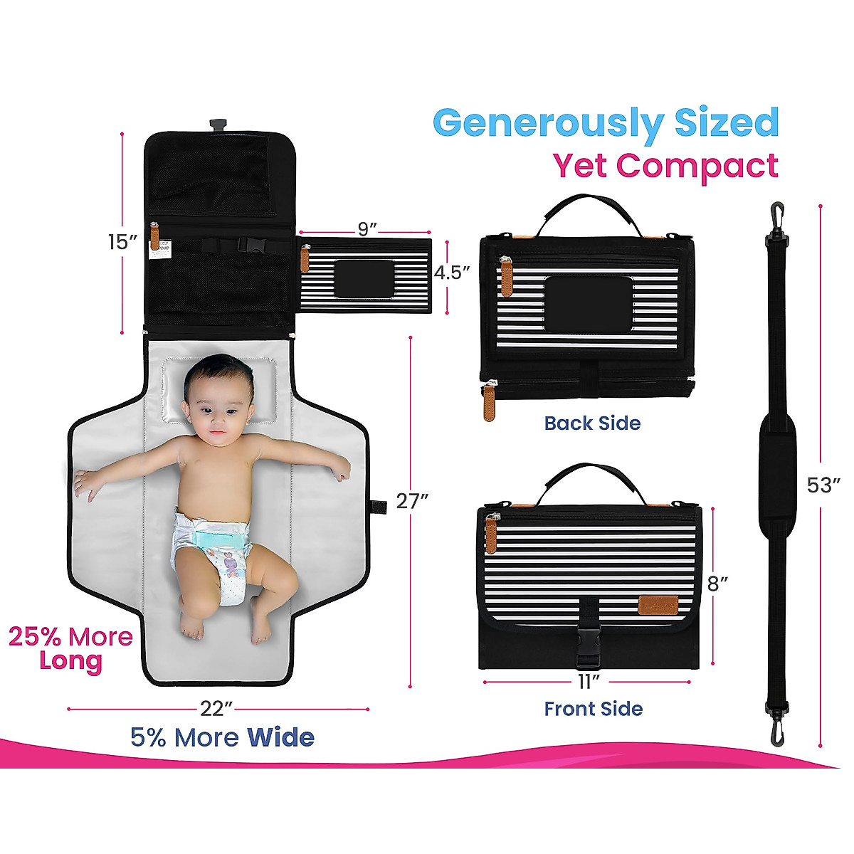 Portable Changing Pad with Shoulder Strap - Detachable Travel Changing Pad - Baby Shower Gifts - Fully Padded & Lightweight - Baby Boy Gifts - Diaper Changing Pad - Changing Mat 27"x22" - Black