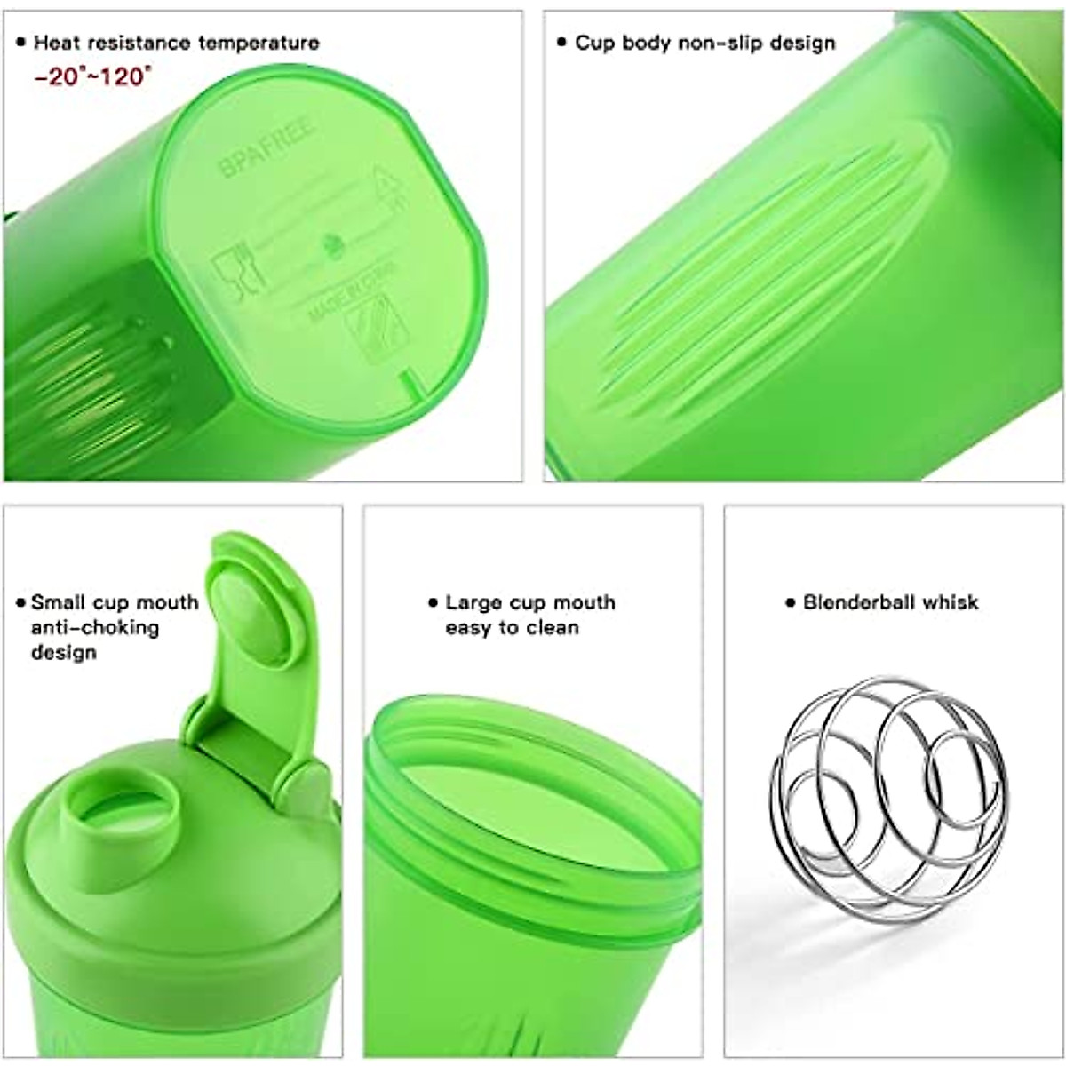 EBAT Shaker Bottle in Cute Pink (Lid & Body) w. Classic Loop Hook,Measurement Marks of 12 OZ/400 ML & A Small Stainless Whisk Blender Ball,Anti-Slip,BPA Free,PP5 Certified,Leak Proof,Dishwasher Safe