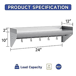 Halamine Stainless Steel Shelf, Metal Shelf 24 * 12 in, Stainless Shelf Wall Mounted Steel Floating Shelf with 5 Hook for Kitchen, Restaurant, Home, Bar, Laundry Room, Food Truck
