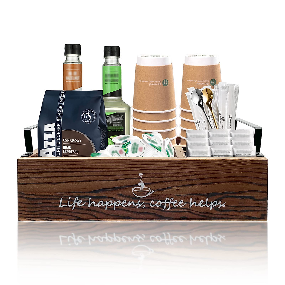 Ismosm Coffee Station Organizer, Farmhouse Coffee Bar Accessories Organizer Basket for Countertop, Office Coffee Station, Wooden Tray for Coffee Supplies and Essentials, Sugar, Syrup,Tea (Brown)