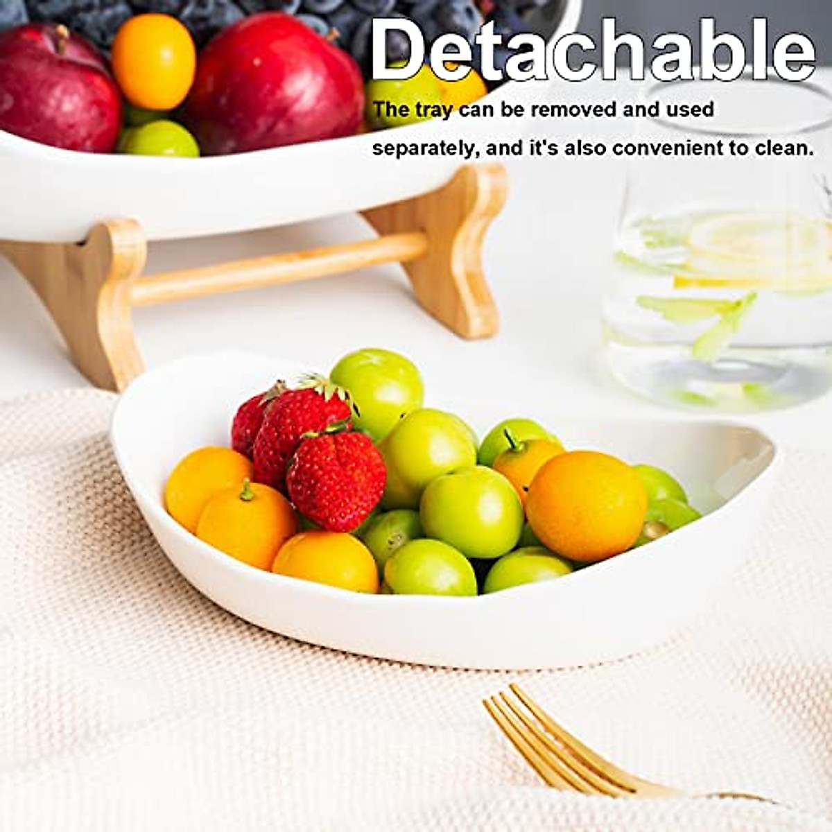 Jessie 3 Tiered Fruit Bowls Wooden Stand Ceramics Tiered Tray Decor Serving Fruit Cup Cake Dessert for Party Wedding Farmhouse (White Porcelain)