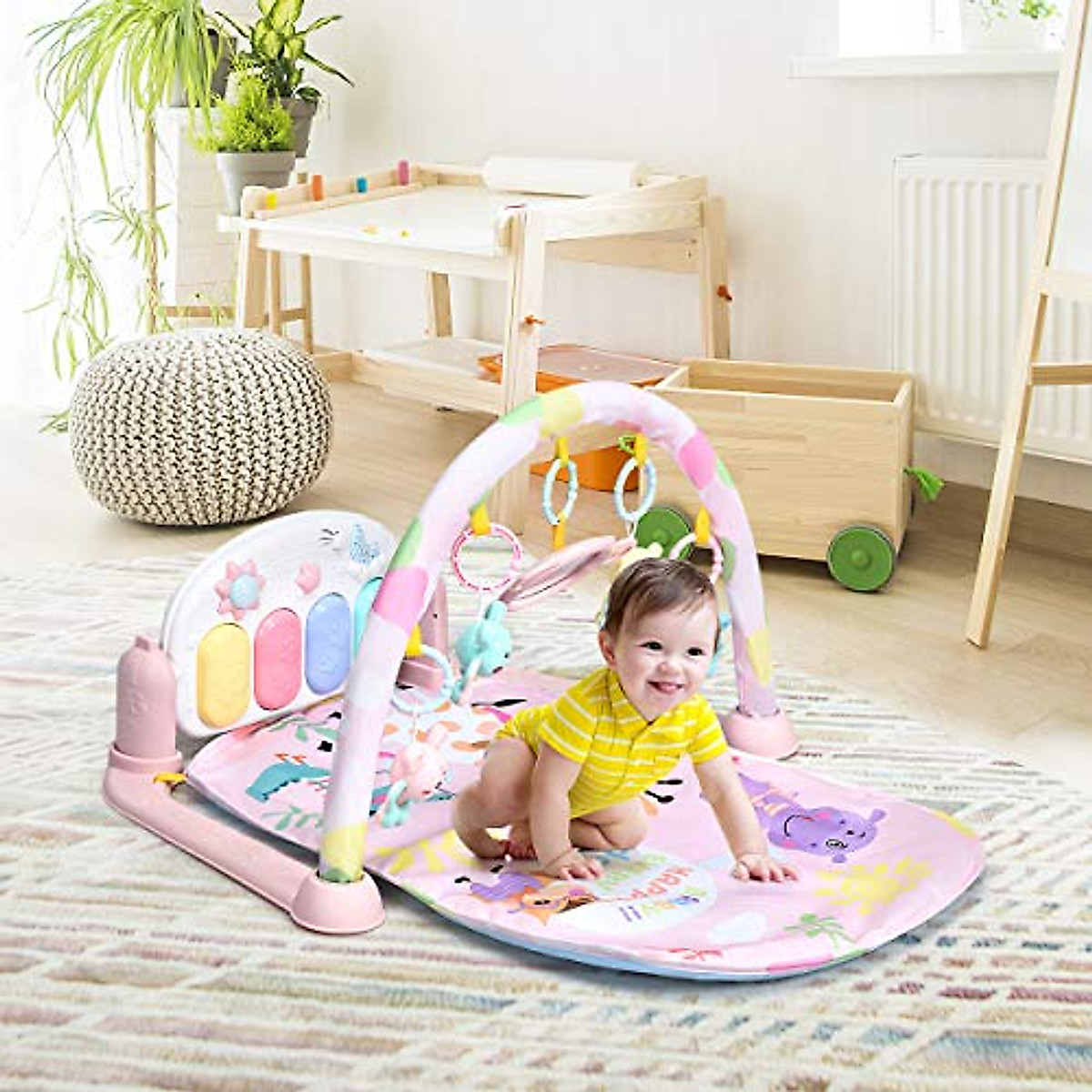 HONEY JOY Baby Play Mat, Kick & Play Piano Tummy Time Gym Fitness Playmat, 4 Rattle Pendants and 1 Mirror, Newborn Deluxe Music Activity Center for Toddler Infants (Pink)