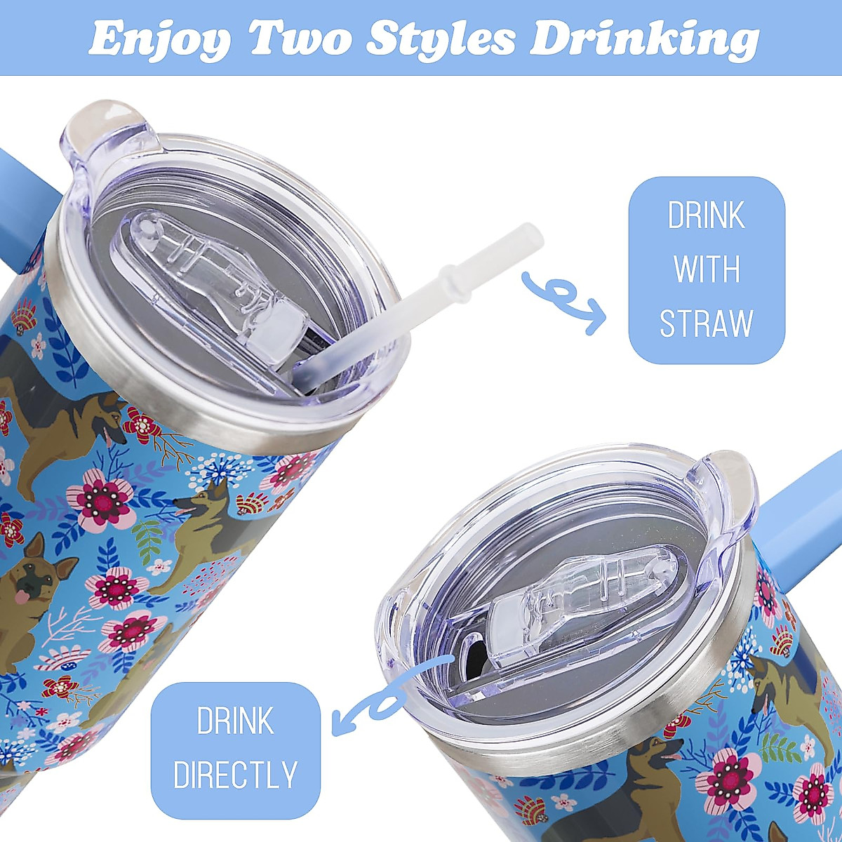 puhnhsv 40 oz German Shepherd Tumbler with Handle, Insulated Stainless Dog Tumbler Coffee Travel Mugs Cup Water Bottle German Shepherd Lovers Gifts for Women Girls