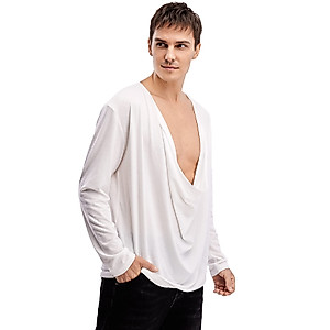 WDIRARA Men's Cowl Neck Draped Long Sleeve T Shirt Top Party Club Tops White S