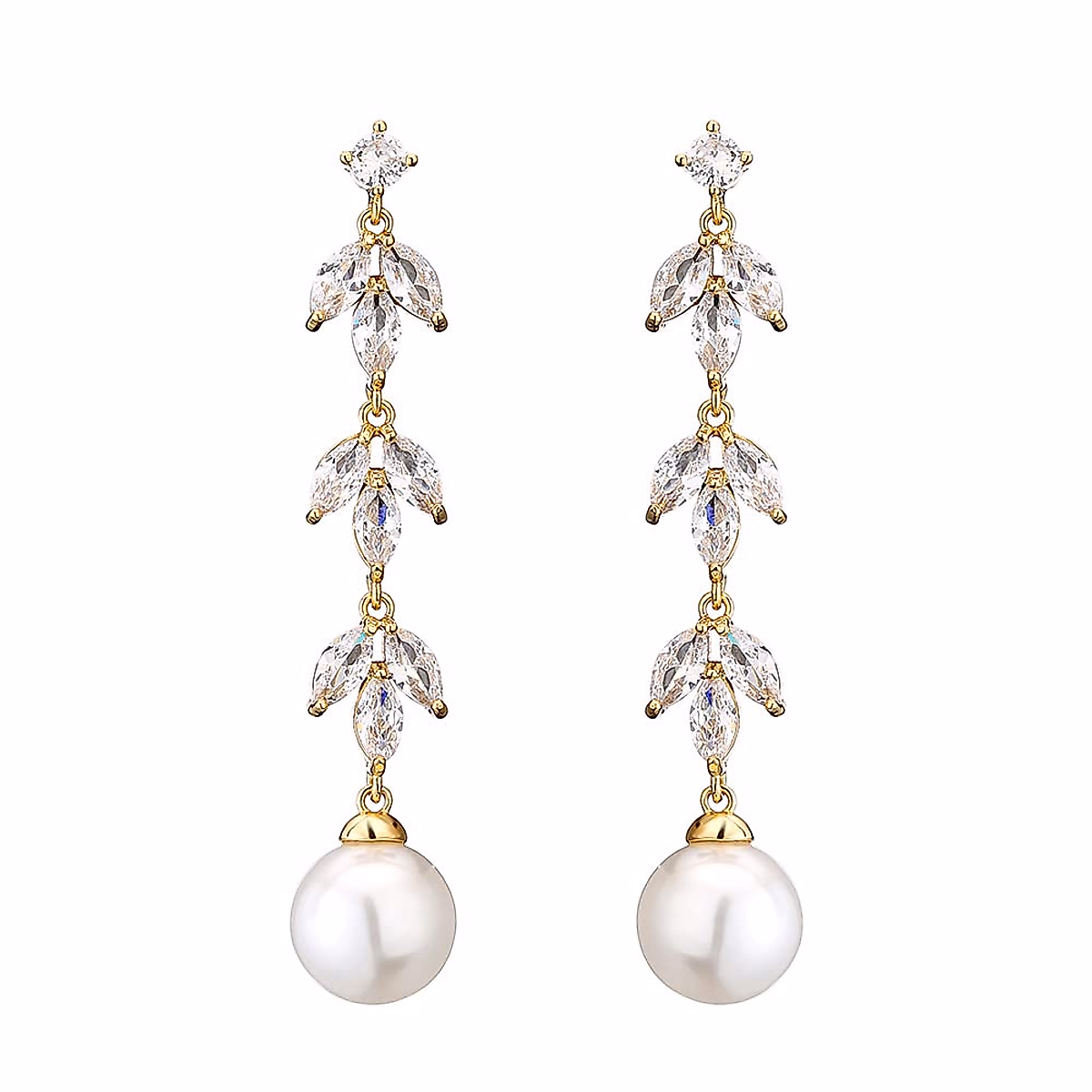 14K Gold Natural Crystal Pearl Dangle Earrings for Women, Simple Leaf Long Dangle Earrings, Fashion Christmas Jewelry Gift (Yellow Gold, 14K)