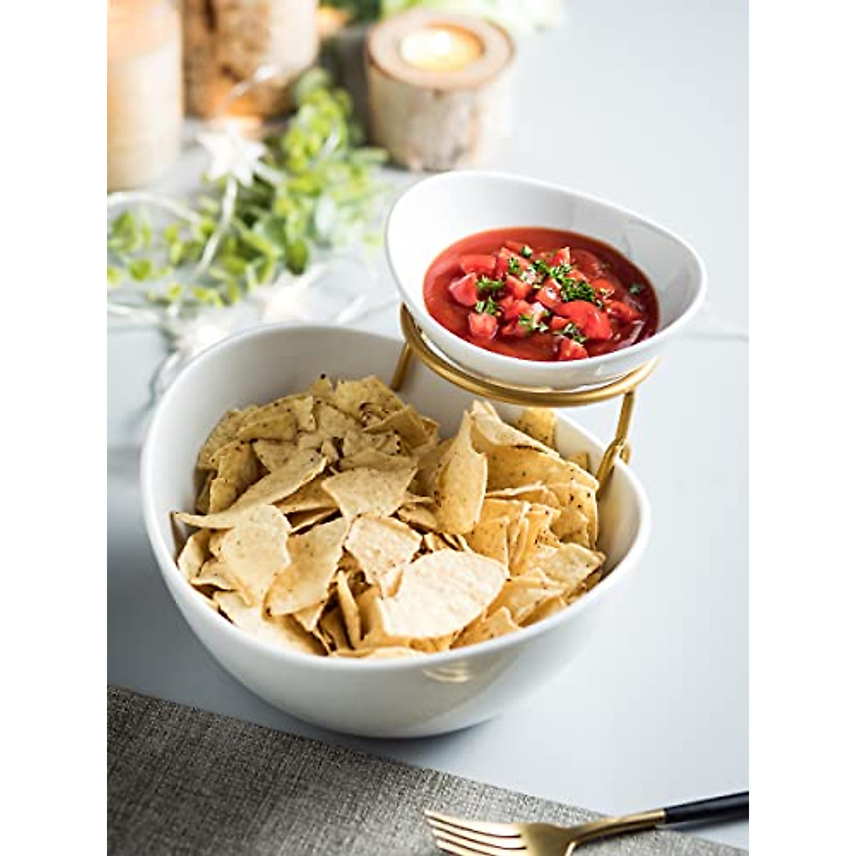 Miamolo Porcelain Serving Bowl Set for Appetizer Serving Dishes Set with 2 Compartment, Chip and Dip Taco Rack Display Salad Bar Serving Set, Gold Stand