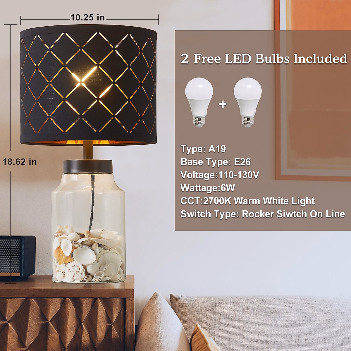 GyroVu Fillable Table Lamp, Lamp with Clear Glass Fillable Modern Table Lamp with Black Square lampshade Beside Lamp for Living Room Bedrooms Office Bulbs Included(Black Square)