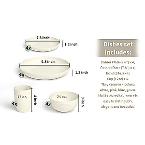 Wheat Straw Dinnerware Sets of 4 (16 Pieces), Dinner Plates, Dessert Plate, Cereal Bowls, Kids Cups, Microwave Dishwasher Safe, Lightweight, Unbreakable Dishes for Kitchen, Camping, RV