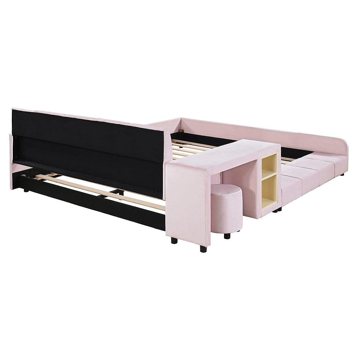 Velvet Upholstered Grounded Bed Platform Bed, Wooden Queen Size Mother & Child Bed Frame with Bedside Desk and Little Round Stool, Kids Adults Bedroom Furniture Floor Bed Platform Bed (Pink Bed)