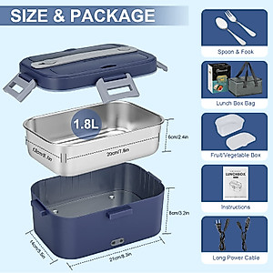 BHeadCat Electric Lunch Box Food Heater, 75W 1.8L Protable Heated Lunch Box for Adults Work Food Heating, Leak Proof Removable Stainless Steel Container, 12V/24V/110V for Car Truck Home