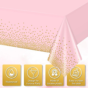FunnyPars 4 Pack Pink and Gold Plastic Tablecloth for Parties, Disposable Table Cloth Rectangle Tables, Stamping Dot Confetti Light Birthday Wedding Baby Shower Party, 54''x108''
