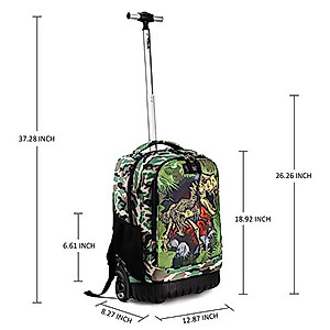 Tilami Rolling Backpack with Trolley Wheeled Design, Cute Cartoon Printed or Boys and Girls, Travel, School, Student Trip (19 Inch, Dinosaur)