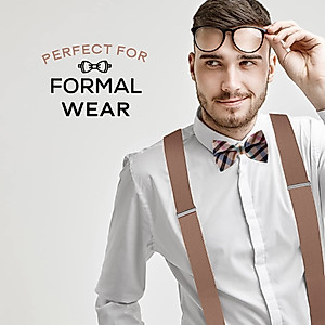 Man of Men Bowtie & Suspender Set - Beige Checkered Bowtie & Beige Suspenders - Boys Suspenders and Bow Tie Set