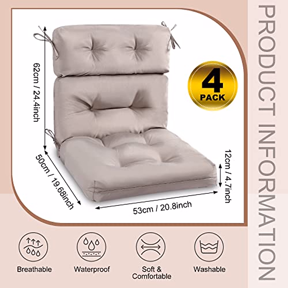 Geelin High Back Patio Chair Cushion Indoor Outdoor Seat Back Chair Cushions Tufted Patio Waterproof Rocking Pads Weather Replacement for Furniture(Khaki,4 Pcs)