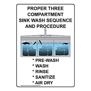 ComplianceSigns.com Vertical Proper Three Compartment Label Decal with Symbol, 5x3.5 in. 4-Pack Vinyl for Safe Food Handling