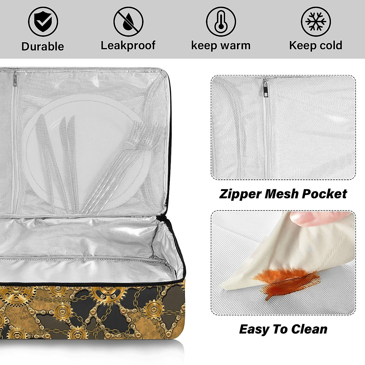 NFMILI Steampunk Gear Casserole Carrier, Insulated Food Delivery Bag Reusable Warmer Carrier Bag with Inner Pocket Aesthetic Print 15.75×11.81×3.94 IN