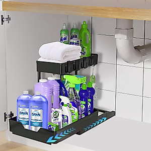 Karlsitek Under Sink Organizers and Storage,2 Pcs Under Sink Organizers,2-Tier L-Shape Bathroom Organizer,Sliding Cabinet Organizer Drawer with 2 Hanging Cups and 8 Hooks for Kitchen Bathroom Office