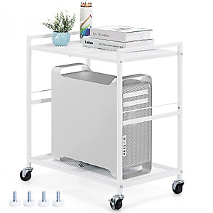 YBING Computer Tower Stand White PC Tower Stand 2 Tier CPU Holder Stand with Wheels Metal Mobile Computer Tower Cart Rolling PC Stand Floor for Fax Home Office