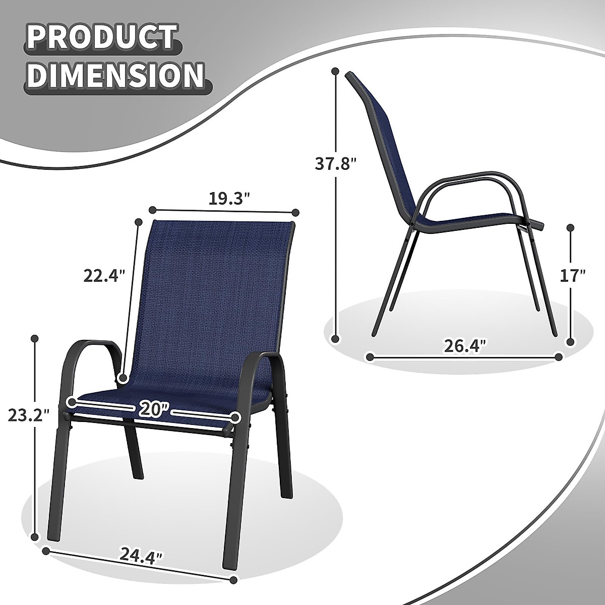 VONZOY Patio Dining Chairs Set of 6, Outdoor High Stacking Chairs，Breathable Seat Fabric and Alloy Steel Frame for Backyard, Porch, Garden, Sunroom (Blue)