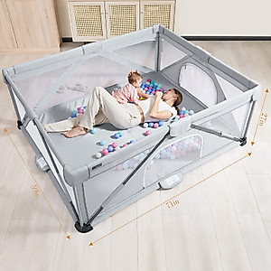 ANGELBLISS Baby Playpen, Foldable Playpen for Babies and Toddlers, Indoor & Outdoor Baby Activity Center with Visible Breathable Mesh, Portable Play Yard with 2 Handlers+50 Balls-59”×71”（Grey）