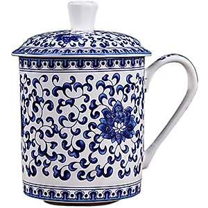 Heitiliamu Convenient Travel Home Office Chinese Gongfu Loose Leaf Tea/Coffee Brewing System- Bone China Porcelain Tea Cup/Coffee Cup/Tea Mug/Coffee Mug Personal Teacup with Tea Cup Lid,Blue Flowers