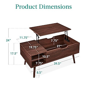 Best Choice Products Lift Top Coffee Table, Wooden Mid-Century Modern Multifunctional Accent Table for Living Room w/Hidden Storage, 2 Cubbies, Removable Shelf - Walnut