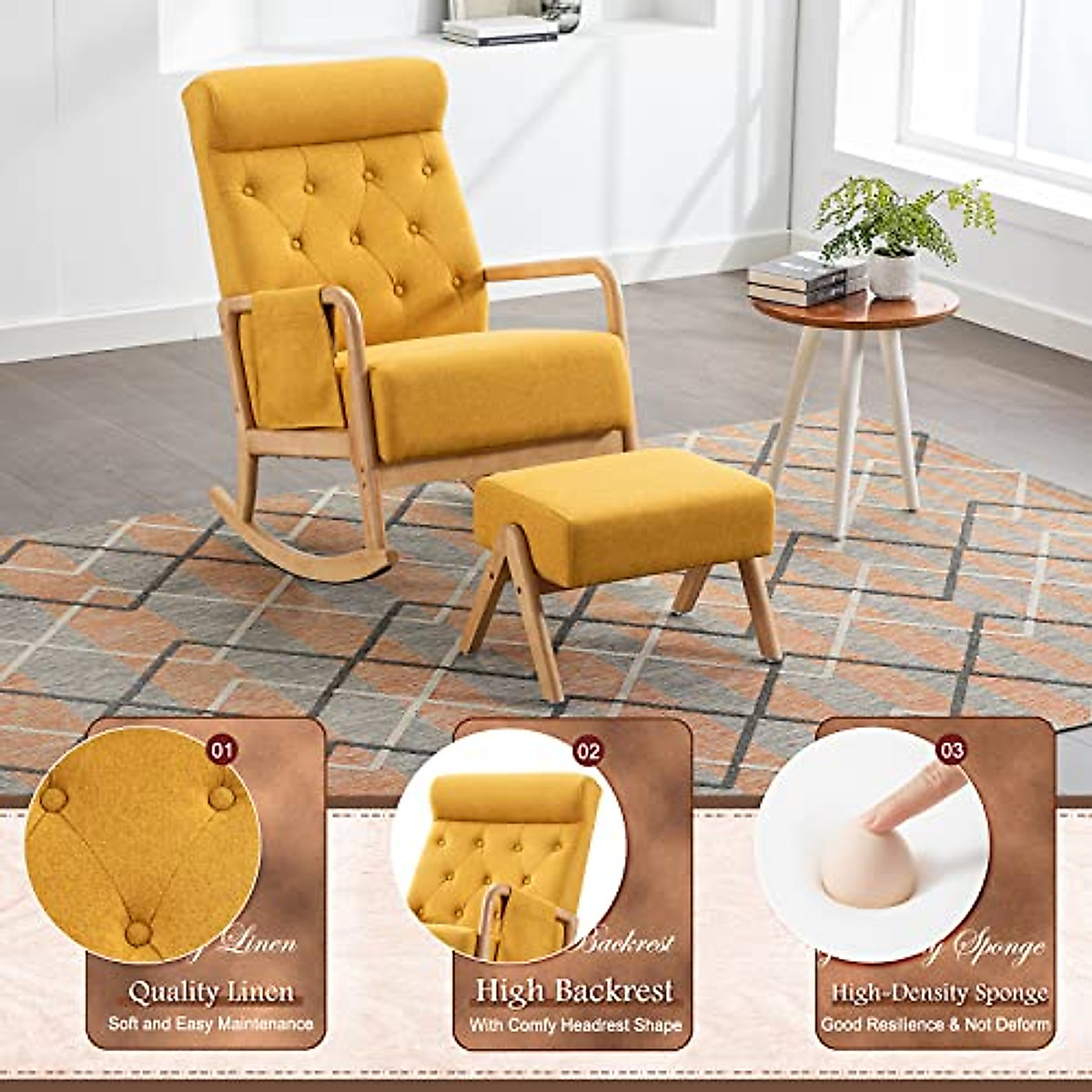 Comfy Rocking Chair with Ottoman, Upholstered Glider Rocker for Baby Nursery, Mid Century Modern Accent Armchair with Side Pocket for Living Room and Bedroom, Yellow Linen