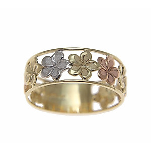 Arthur's Jewelry 14K solid tricolor yellow white rose gold Hawaiian plumeria flower lei ring 6.5mm size 6