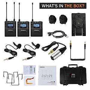 Dual Wireless Lavalier Microphone System,Comica CVM-WM300A UHF 96 Channel Professional Lapel Lav Microphone for DSLR Canon Nikon Sony Camera XLR Camcorder Youtube Interview TV Video Recording(2TX+1RX)