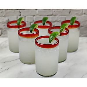 Dos Sueños Hand Blown Mexican Drinking Glasses - Set of 6 Glasses with Red Rims (14 oz each)