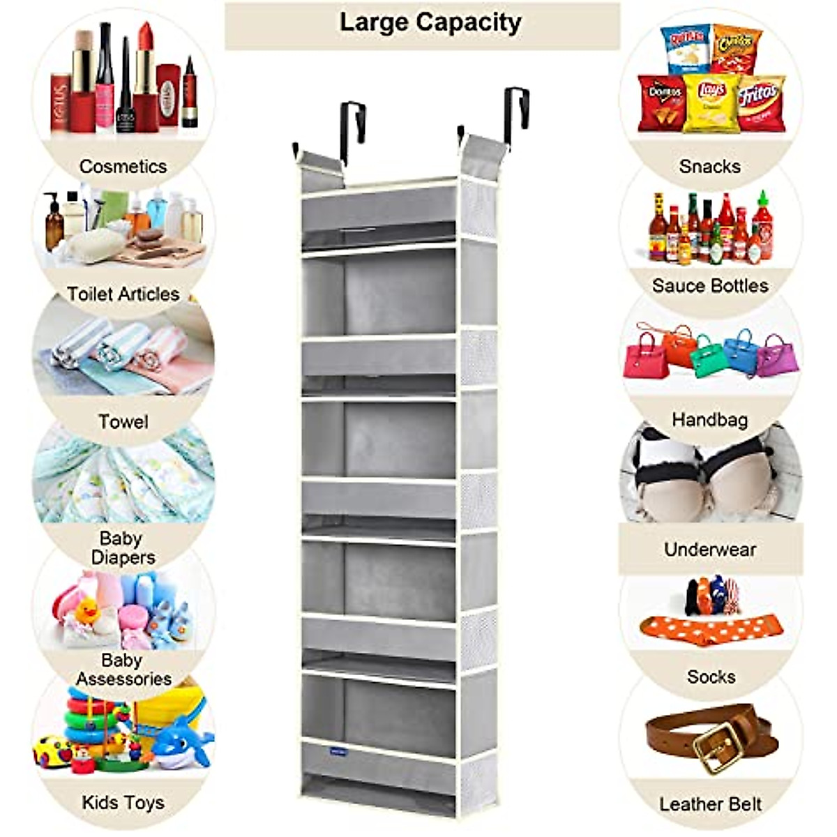 roomtalk Over The Door Hanging Organizer 5-Shelves for Bathroom, Door Organizer Hanging with 2 Large Metal Hooks & 10 Pockets, Over The Door Storage for Baby Nursery, Grey