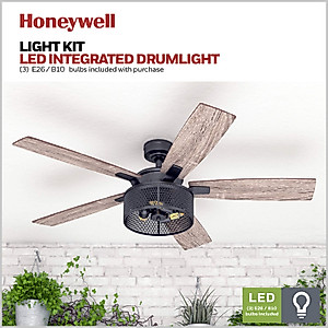 Honeywell Ceiling Fans Carnegie, 52 Inch Industrial Style Indoor LED Ceiling Fan with Light, Remote Control, Dual Mounting Options, 5 Dual Finish Blades, Reversible Airflow - 50614-01 (Matte Black)
