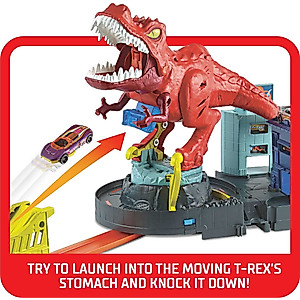 Hot Wheels Toy Car Track Set, T-Rex Rampage Playset & 1:64 Scale Vehicle, Launch into the Giant Dinosaur