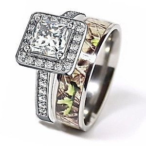 2 pc Camo Wedding Rings Set - Wedding Ring - Engagement Ring - Bridal Rings Set - Wood Ring - Cz Engagement Rings - Black Camo - White Camo - Wood Rings for Women (Silver, 8)