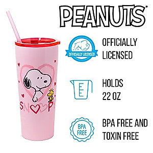 Silver Buffalo Peanuts Snoopy Woodstock Hearts Double Walled Stainless Steel Tumbler w/Straw, 22 Ounces
