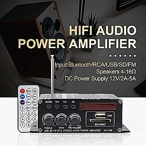 AK-370 Bluetooth Audio Amplifier with 12V/5A DC Power Supply,2.0 Channels Bluetooth Amplifier Supports Bluetooth/RCA/USB Flash Drive/SD Card Input and FM Function