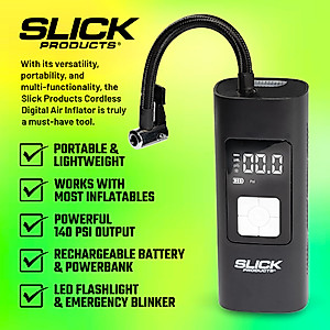 Slick Products Portable Digital Tire Pressure Gauge, Air Compressor, Tire Inflator up to 140 PSI with Rechargeable Battery, Flashlight, Emergency Blinker, and Power Bank (1), Black