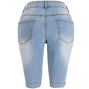 Womens Denim Ripped Bermuda Shorts High Waisted Distressed Knee Length Stretch Short Jeans Leggings with Pockets