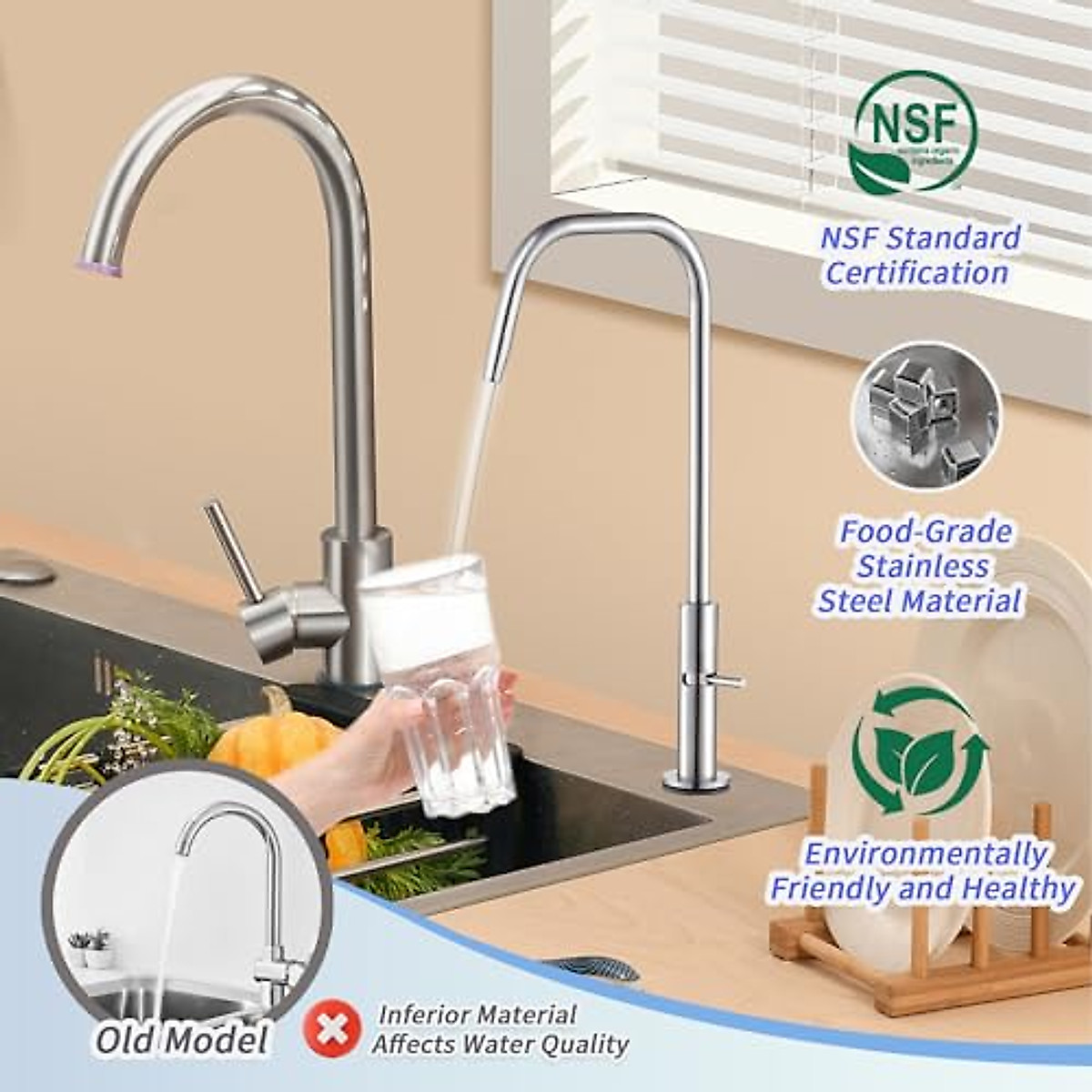 YAFIYGI Drinking Water Faucet for Kitchen Sink, Filtered Reverse Osmosis RO Faucet, 304 Stainless Steel Purified Water Dispenser Faucet
